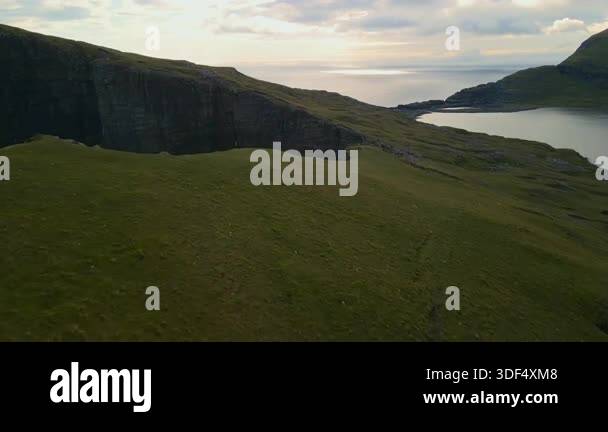Aerial Lake Cliff Plateau Faroe Islands Perched Lagoon Above Ocean ...