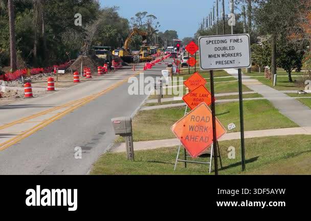 Aerial view of road construction in Florida residential area, with ...
