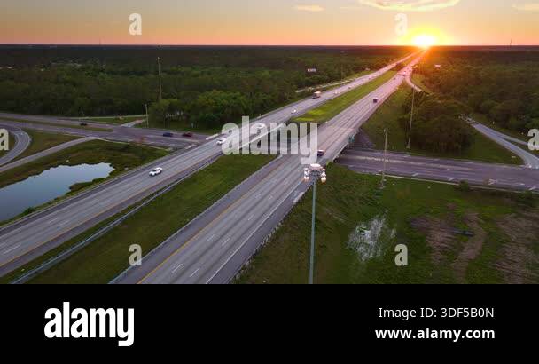 Road network of express lanes and overpasses moving fast vehicle ...