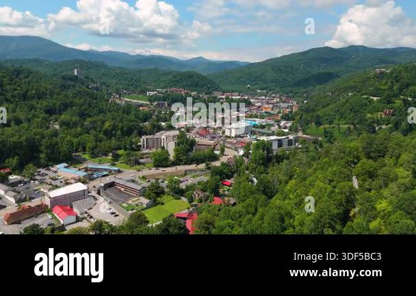 Aerial panorama of Gatlinburg, Tennessee with observation tower, town ...