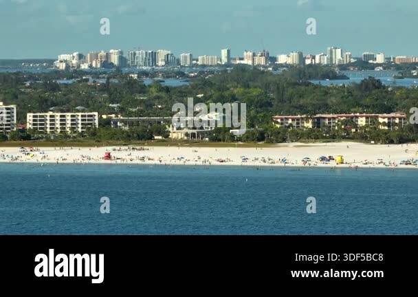 Aerial seascape with Siesta Key sandy beach in Sarasota, USA. Many ...