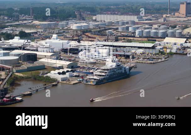 Production shipyard with deep sea luxury yachts under construction ...