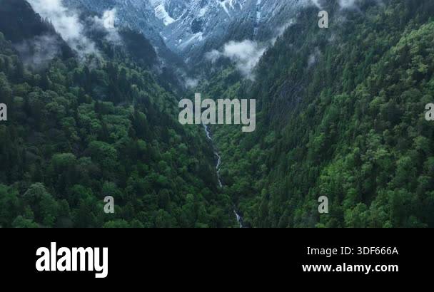 Aerial view of beautiful high altitude mountains with river and forest ...