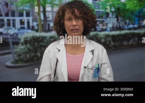 Middle aged hispanic doctor in white lab coat and stethoscope clenches ...