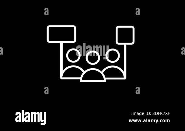 Three simple white line figures stand together while holding two ...