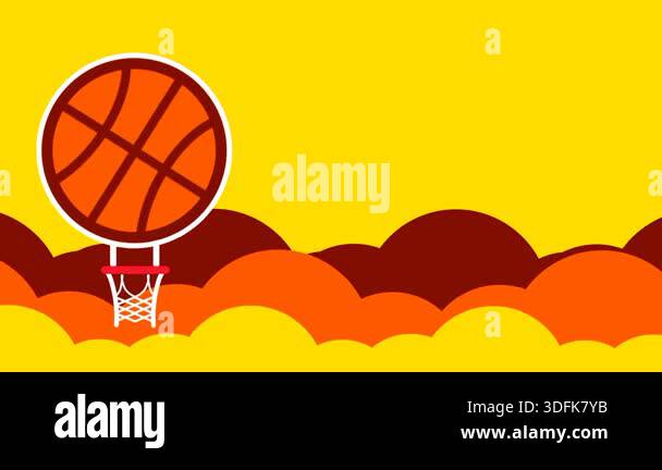 A large basketball balloon floats over a vibrant yellow sky with ...