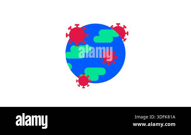 A stylized globe is surrounded by floating red viral particles ...