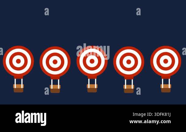 Five identical target balloons with red and white circles are lined up ...