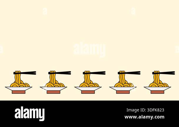 Five identical bowls of yellow ramen noodles are arranged in a neat ...