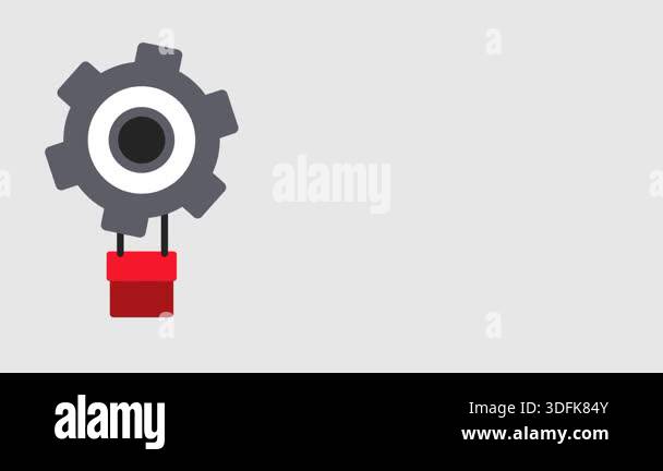 A grey gear icon is attached to a small red basket to form a mechanical ...