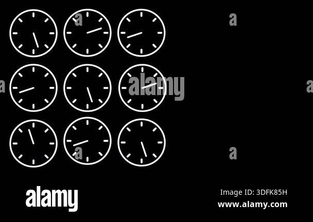 The first frame displays nine analog clock faces arranged in a three by ...