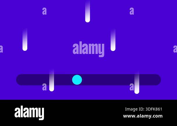 Small white droplets fall toward a bright blue dot on a horizontal line ...