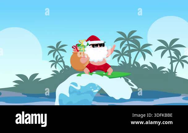 Funny Santa Claus Cartoon Character Surfing On Big Wave With Gift Bag ...
