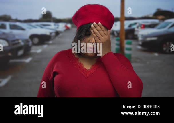Woman in red beret standing in outdoor parking area, expressing ...