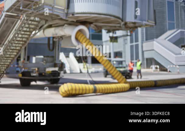 Blurred airport ramp with defocused jetbridge and bokeh foreground on ...