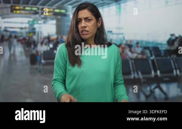 Woman with hands raised palms out making a disgusted face in airport ...
