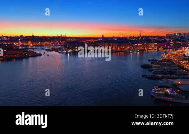 Stunning quays of magnificent Stockholm, Sweden at night. Sparkling ...