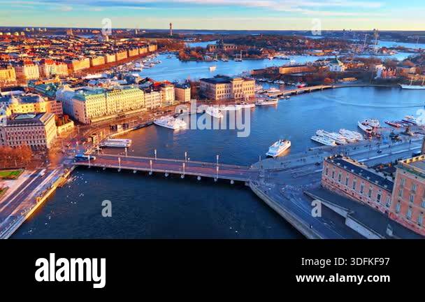 Flight over the waterscape crossing the scenery of Stockholm, Sweden ...