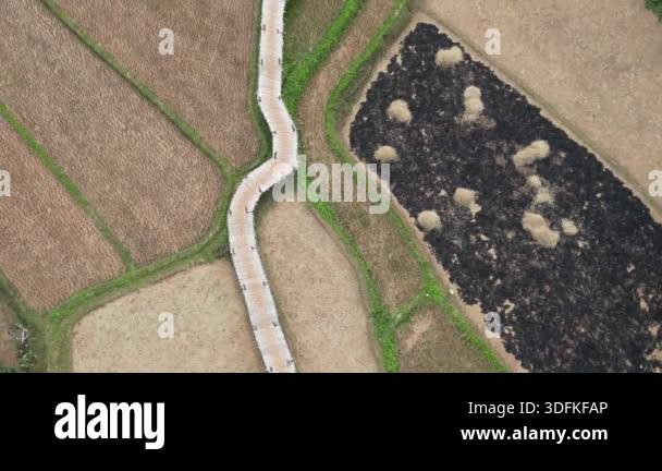 Top view of the bamboo bridge to the village. Passing through the ...