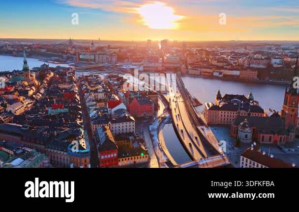 Bright setting sun covers the scenery of Stockholm, Sweden. Beautiful ...