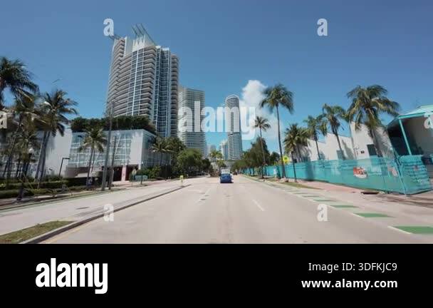 POV driving along a palm-lined boulevard with modern high-rise ...
