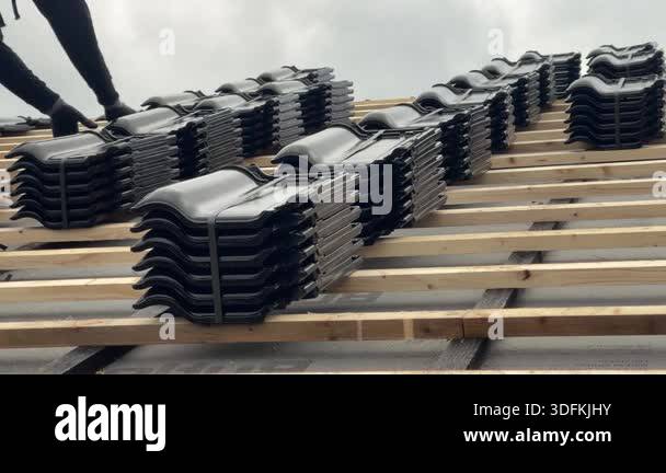 Roofing Worker Demonstrating Safety, Active Roof Installation Under ...