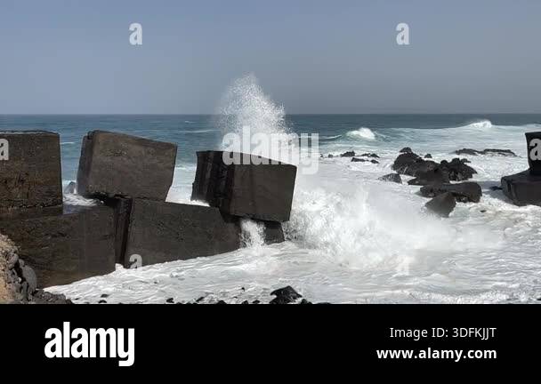 Waves Crashing Concrete Barrier Foamy Surf Engulfs Rocky Shore Under ...