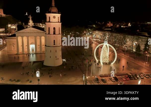 Night aerial view of Vilnius Cathedral Square with the 2024 Christmas ...
