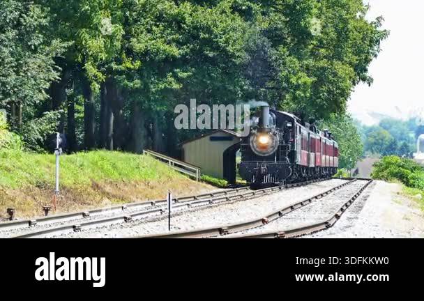 A steam train moves along a track surrounded by green trees. It ...
