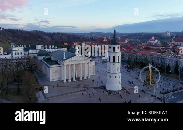 Evening aerial view of Vilnius Cathedral Square with the 2024 Christmas ...