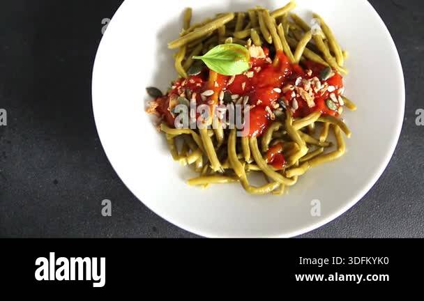 Green string beans tomato sauce main course natural food product ...