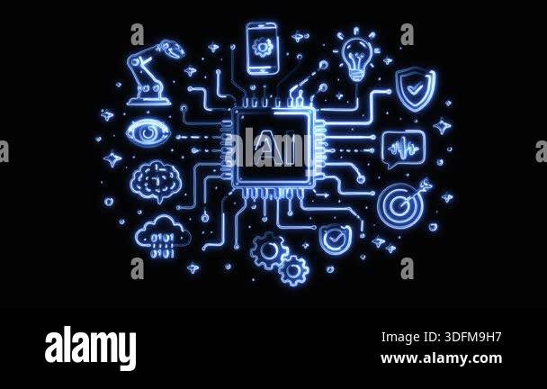 AI Technology Circuit with glowing blue neon light path effect on plain ...