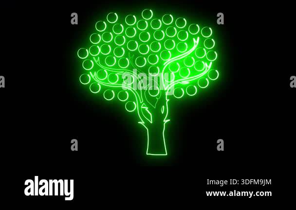 Tree shape with glowing green neon light path effect on plain black ...