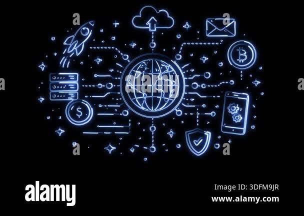 Digital connections around earth with glowing blue neon light path ...