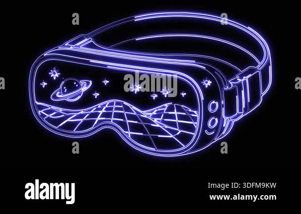 Metaverse goggles with glowing blue neon light path effect on plain ...