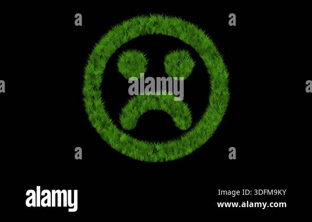 Sad face symbol with growing green grass effect on plain black ...