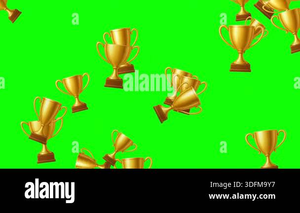 Falling golden trophies motion graphics with green screen background ...