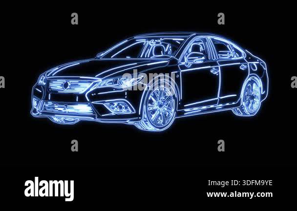 Car symbol with glowing blue neon light path effect on plain black ...