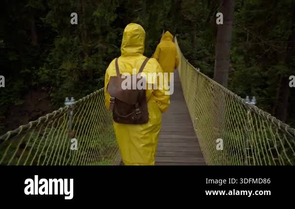 Hooded hiker crosses suspension bridge, mist overcast forest, yellow ...