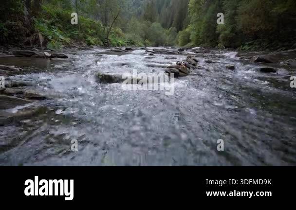 Rushing mountain river over mossy rocks, cinematic slow motion k ...