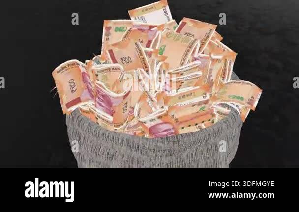 Fabric sack overflowing with bundled Indian 200 rupee notes ...