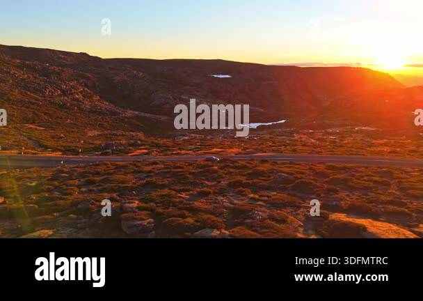 Car in Serra da Estrela Mountains at Sunset. Portugal. Aerial View ...