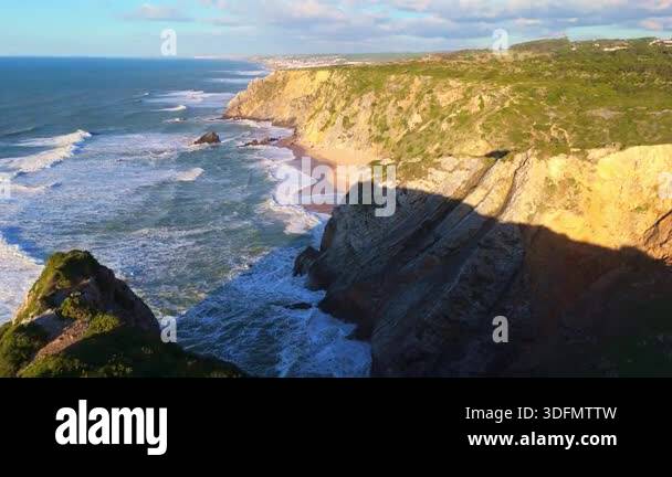 Adraga Beach and Cliffs at Sunset. Atlantic Ocean, Portugal. Aerial ...