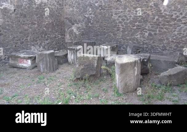 Panoramic view of ancient Roman stone artifacts and architectural ...