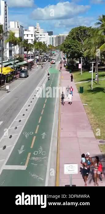 Aerial view over Ocean Drive capturing palm-lined streets, bike lanes ...