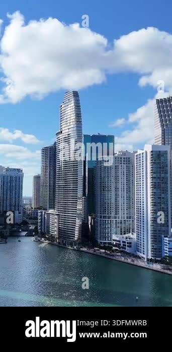 Aerial view of Miami downtown high-rise towers with ocean backdrop and ...