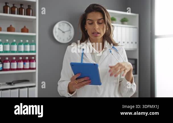 Female doctor in clinic uses tablet technology wearing lab coat ...