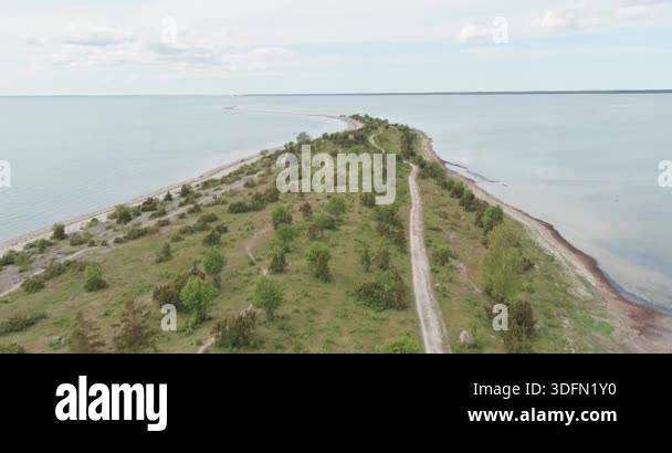 Aerial view of Sretirp, a narrow peninsula or spit extending into the ...