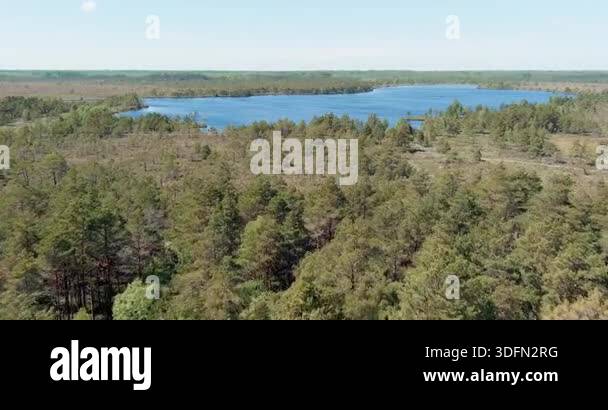 Aerial view of Koigi bog and lake in spring with clouds in the sky ...