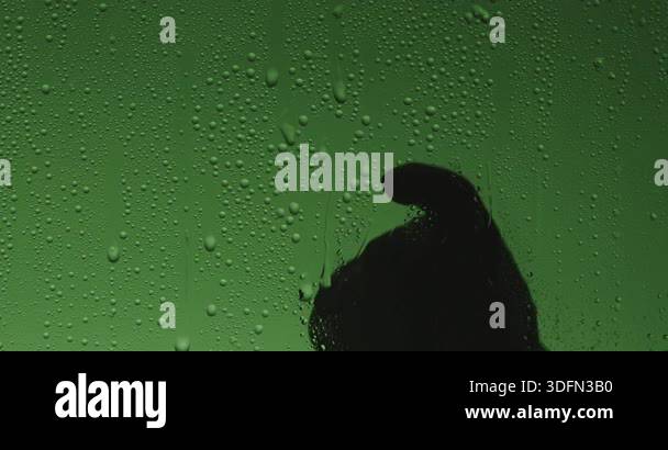 Silhouette of a finger drawing a heart on a foggy green glass surface ...